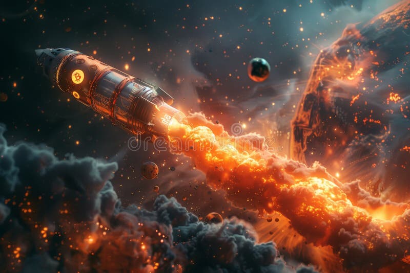 A Rocket is Soaring through the Atmosphere in Outer Space Surrounded by ...