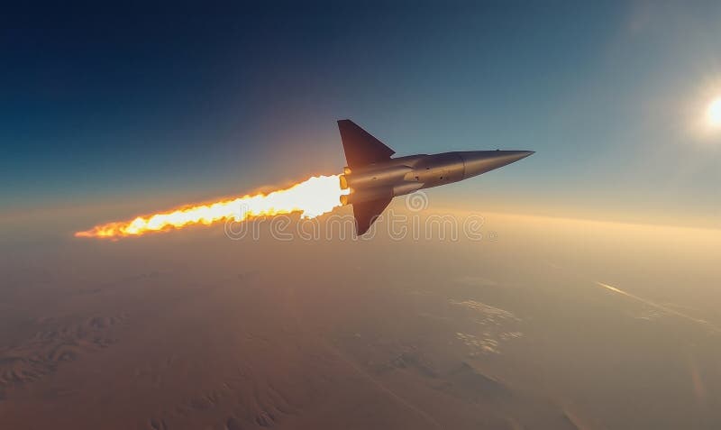 Rocket Soaring through Clear Blue Sky with Fiery Exhaust Trail ...
