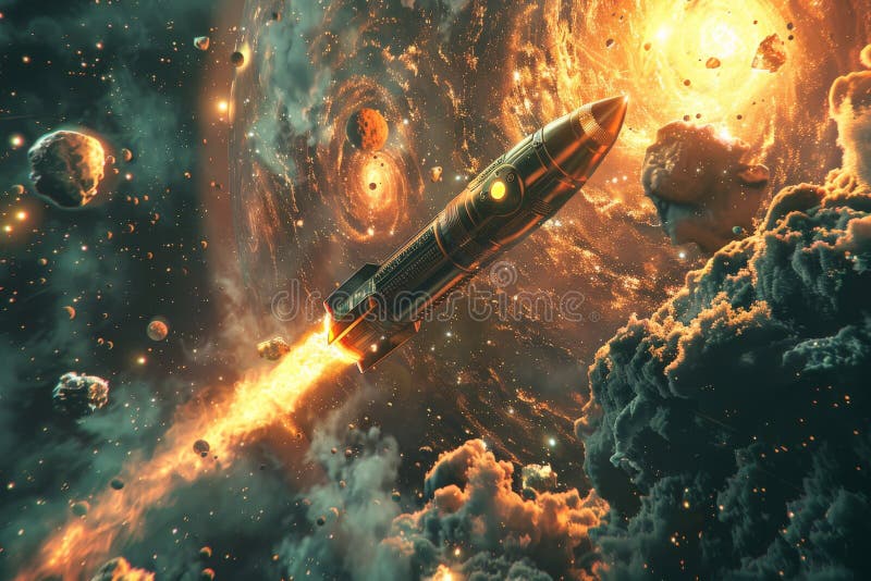 A Rocket is Soaring through the Clouds in Outer Space Stock Photo ...