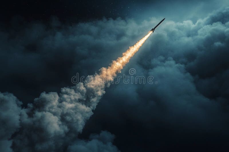 Rocket Soaring through Dark Clouds Under a Starry Sky at Night ...