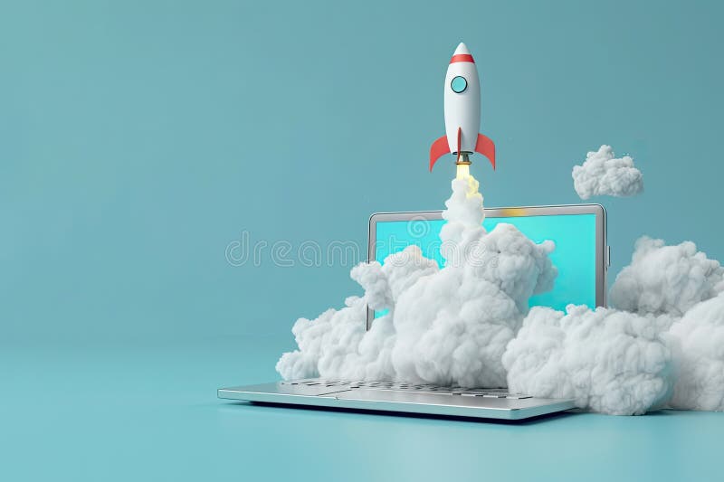 A Rocket is Soaring Out of a Laptop Computer, Defying Gravity and ...