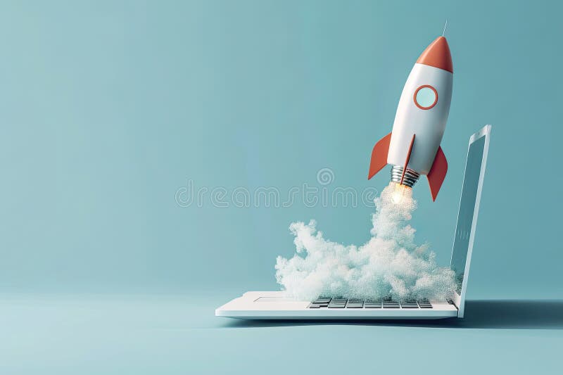A Rocket is Soaring Out of a Laptop Computer, Defying Gravity and ...