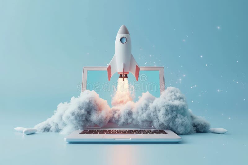 A Rocket is Soaring Out of a Laptop Computer, Defying Gravity and ...