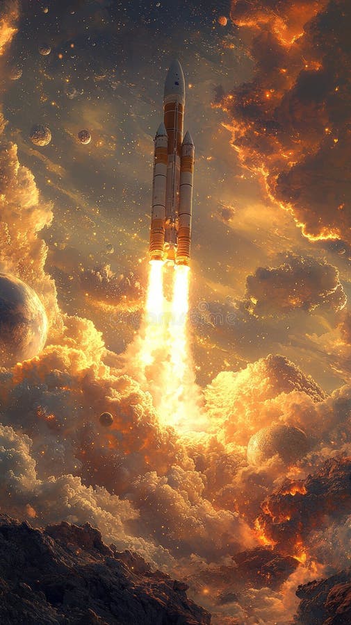 Rocket Soaring Past Glowing Clouds and Planets in Deep Space Stock ...
