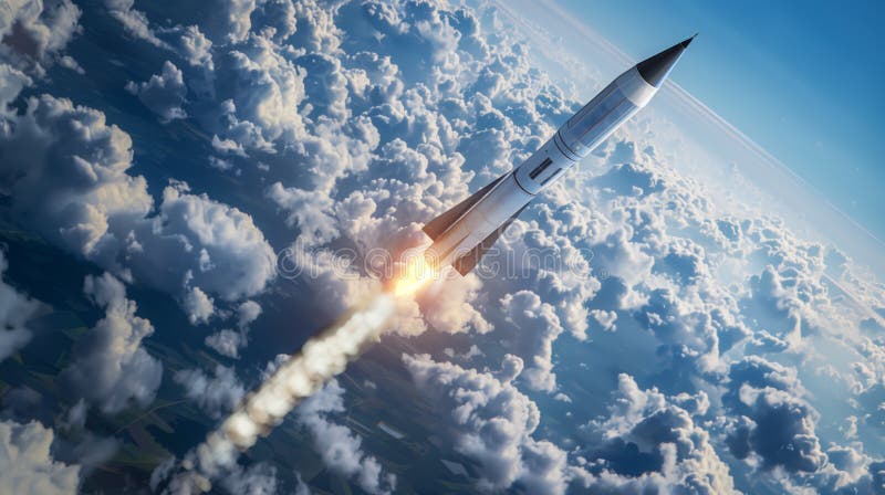 A Rocket is Soaring through the Sky Above Fluffy Clouds Stock ...