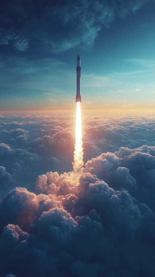 A Rocket Soaring through the Sky Above Fluffy White Clouds Stock Photo ...
