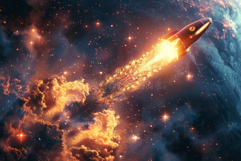 A Rocket is Soaring in the Sky, Spewing Flames As it Moves Forward ...