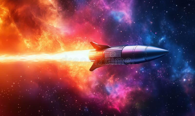Colorful Rocket Soaring Space Flames Stars Background Stock Photos ...
