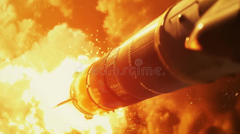 Rocket Launch at Sunset with Fiery Exhaust Trail Stock Image - Image of ...