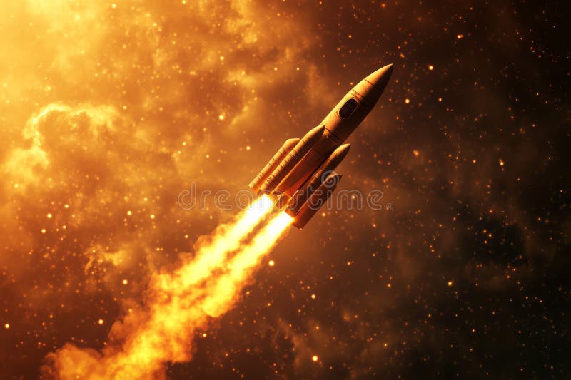 Rocket Launch through Clouds with Fiery Trail at Dusk. AI Generative ...