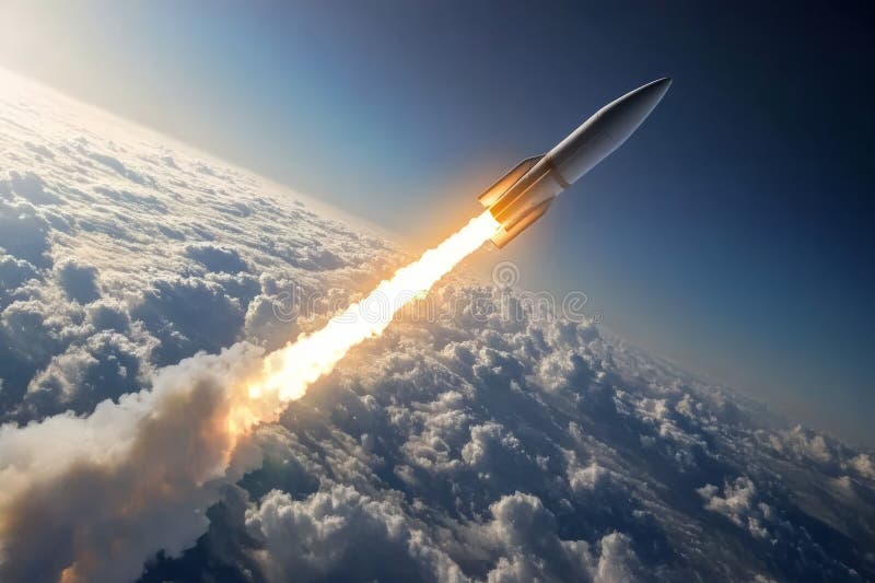Rocket Launch through Clouds with Fiery Trail at Dusk. AI Generative ...