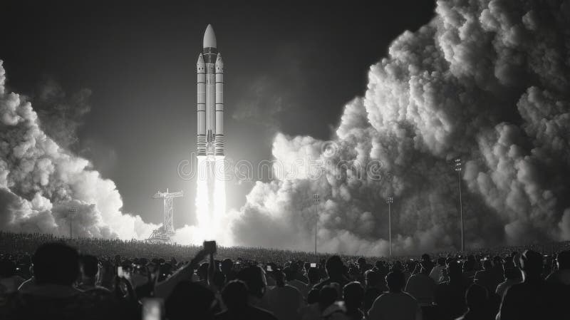 Rocket Soars Upward through Billowing Clouds. Crowd Watches the Launch ...