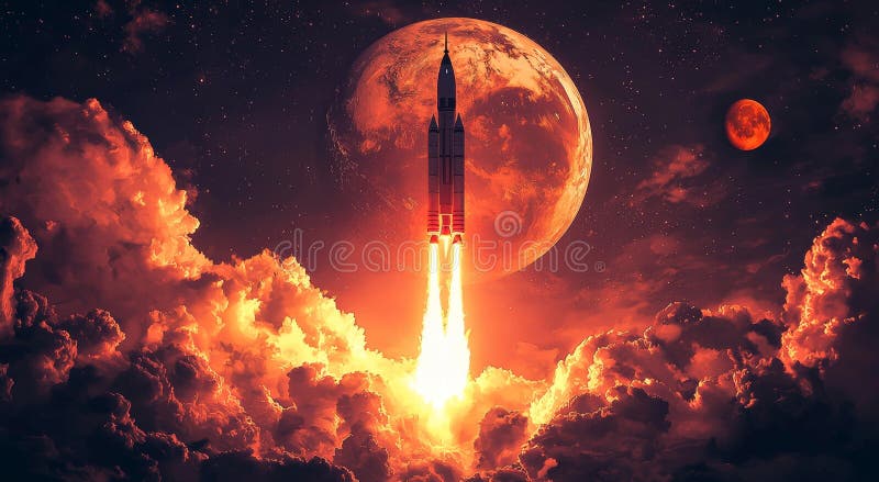 A Rocket Soars Upwards, Leaving a Bright Trail of Fire, As it Climbs ...