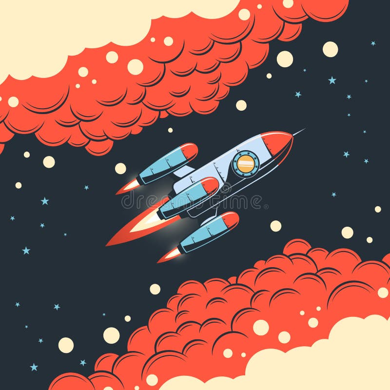 Rocket in Space with Clouds - Retro Comic Style Stock Vector ...