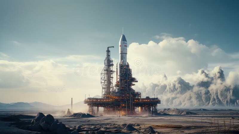 Rocket and Space Launch System before Start, Spaceship on Blue Sky ...