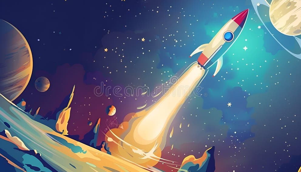 Rocket in Space on Orbit of Planet, Banner Design Stock Image - Image ...
