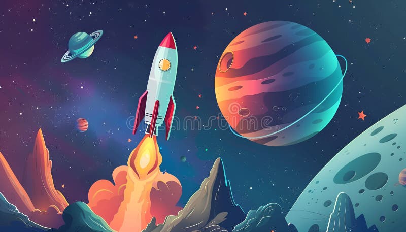 Rocket in Space on Orbit of Planet, Banner Design Stock Photo - Image ...
