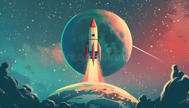 Rocket in Space on Orbit of Planet, Banner Design Stock Photo - Image ...
