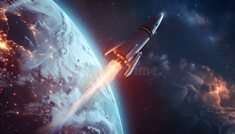 Rocket in Space on Orbit of Planet, Banner Design Stock Image - Image ...