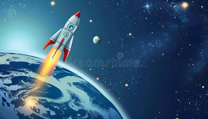 Rocket in Space on Orbit of Planet, Banner Design Stock Photo - Image ...