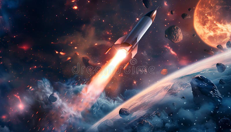 Rocket in Space on Orbit of Planet, Banner Design Stock Photo - Image ...