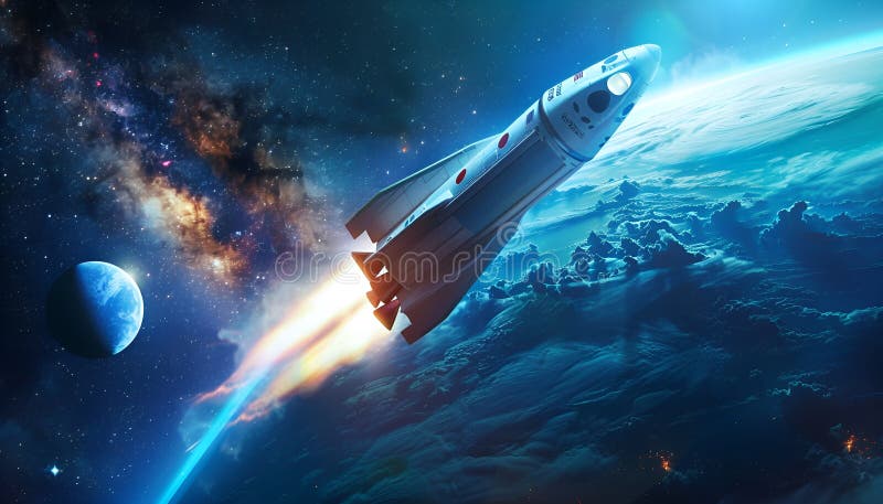 Rocket in Space on Orbit of Planet, Banner Design Stock Image - Image ...
