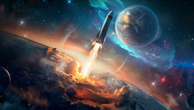 Rocket in Space on Orbit of Planet, Banner Design Stock Photo - Image ...