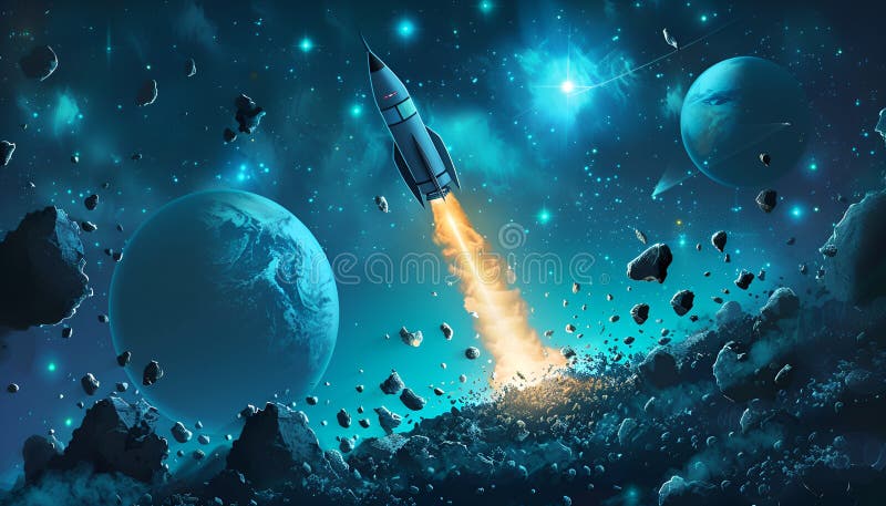 Rocket in Space on Orbit of Planet, Banner Design Stock Image - Image ...