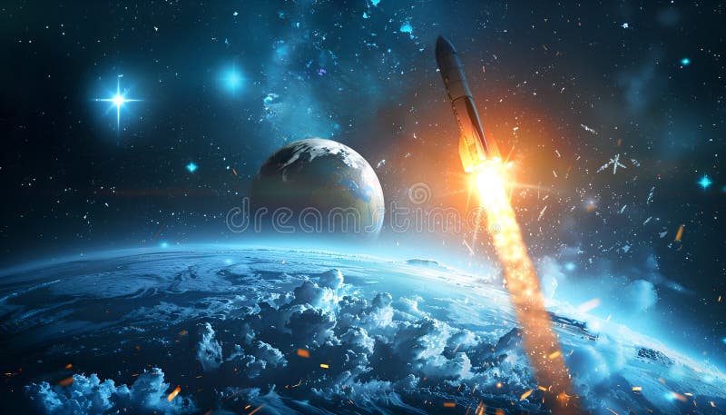 Rocket in Space on Orbit of Planet, Banner Design Stock Photo - Image ...