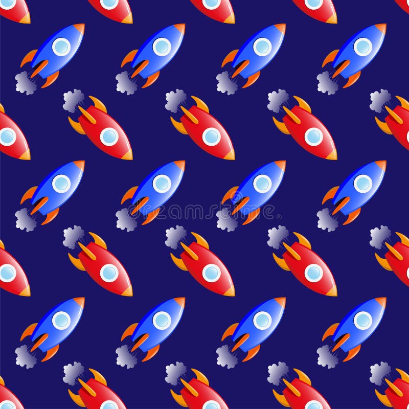 Rocket in Space, Seamless Children Pattern, Red, Blue Background ...
