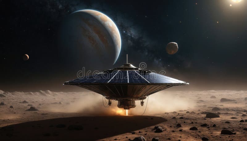 Rocket Spacecraft Landing on Martian Surface with Planets in Background ...