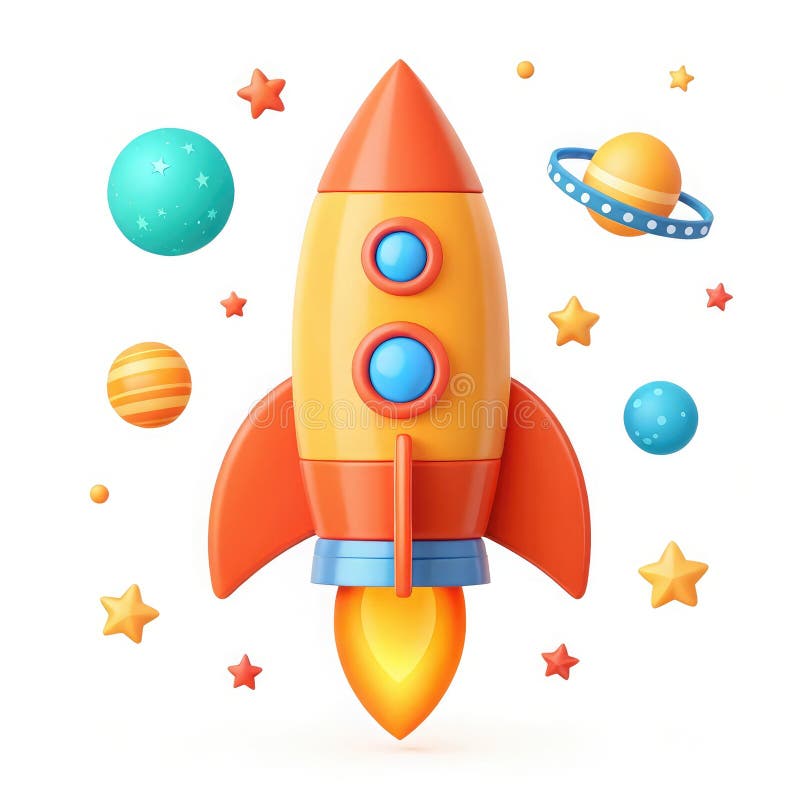 Rocket Spaceship Launch Icon, 3D Cartoon Toy Rocket, Plastic Style ...