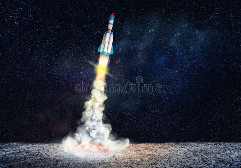 Rocket Spaceship Takes Off. Mixed Media with 3D Illustration Elements ...