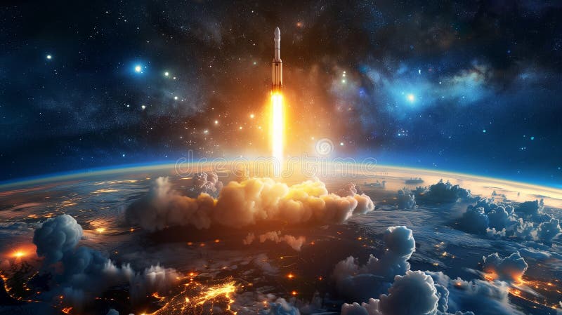 Rocket Spaceship Takes Off with Smoke into Space Stock Illustration ...