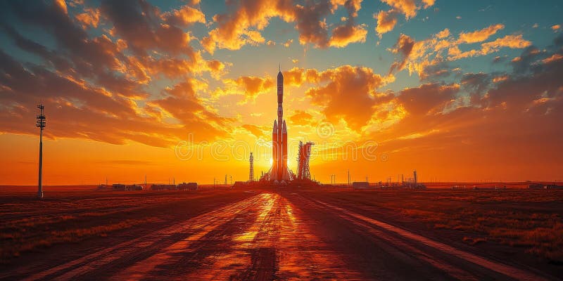 Space Rocket Prepared for Launch at Sunset in Baikonur Cosmodrome Stock ...