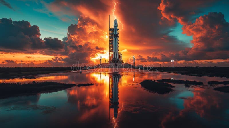 Rocket Standing Tall on Launch Pad Illuminated by Vibrant Sunset with ...
