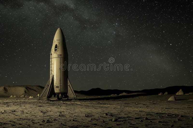 A Rocket Stands on a Lunar-like Surface Under a Starry Sky, Symbolizing ...