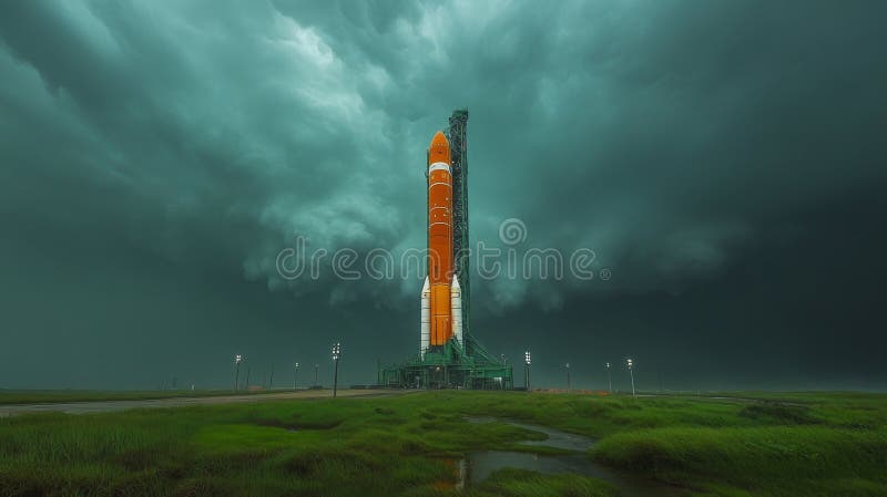 Rocket Stands Ready for Launch Amid Looming Storm Clouds in a Dramatic ...