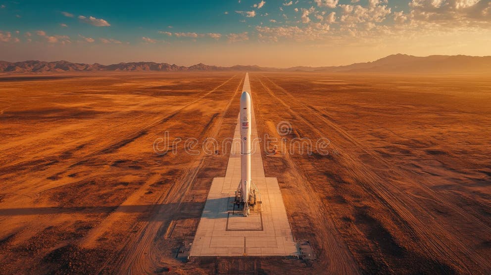 Rocket Stands Ready for Launch in the Desert at Sunset, Showcasing Its ...