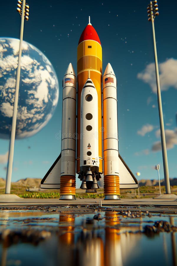 Rocket Stands Ready for Launch at a Space Center with Earth in the ...