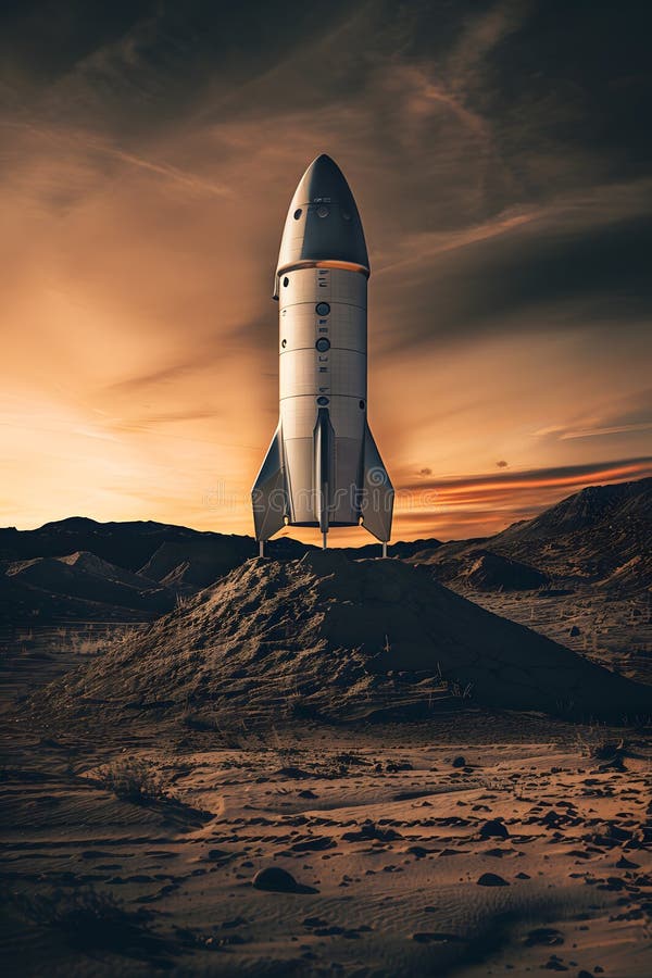 A Rocket Stands on Desert Dirt Under the Cloudfilled Sky Stock Photo ...