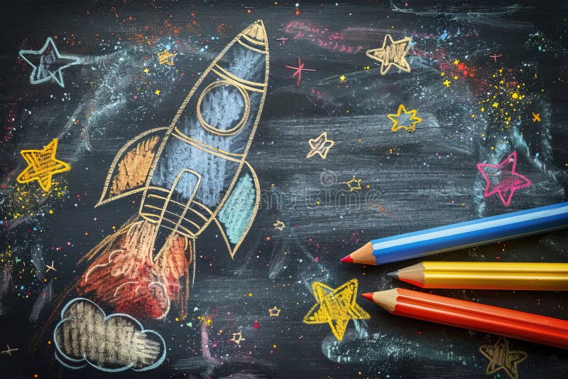Rocket and Stars Drawn with Chalk on a Black Chalkboard with Colored ...