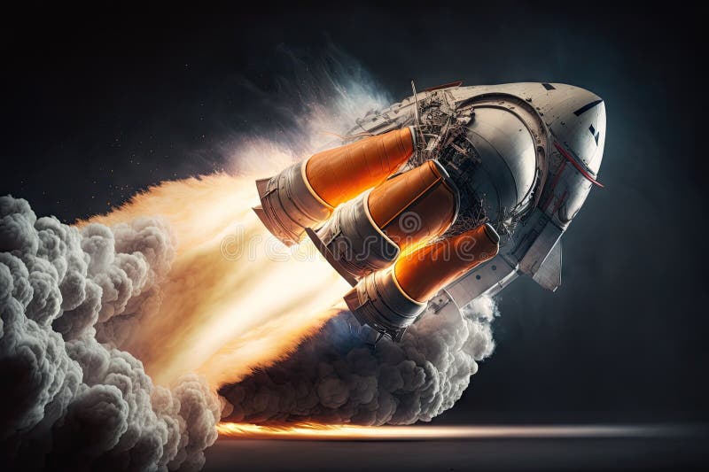 Rocket Start, with Close-up of Rocket Engine Igniting and Flames ...