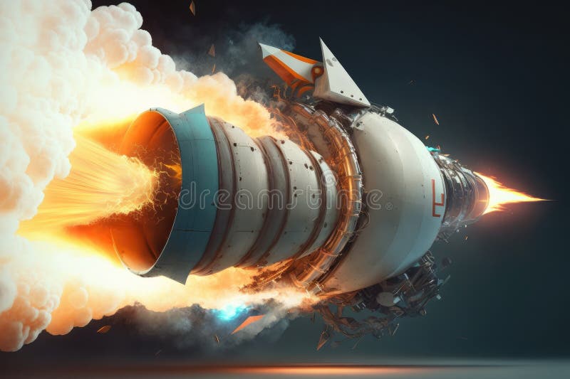 Rocket Start, with Close-up of Rocket Engine Igniting and Flames ...