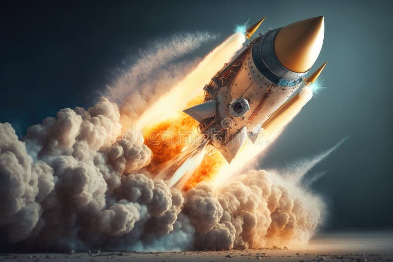 Rocket Start, with Close-up of Rocket Engine Igniting and Flames ...