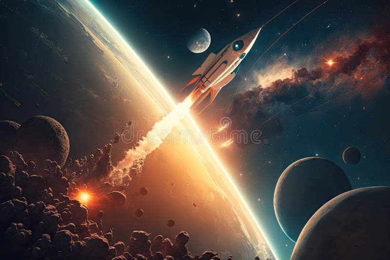 Rocket Start in Space, with View of the Stars and Planets Visible Stock ...