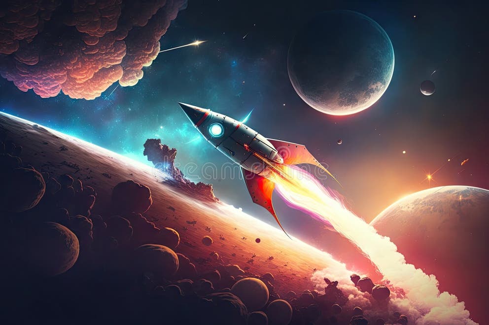 Rocket Start in Space, with View of the Stars and Planets Visible Stock ...