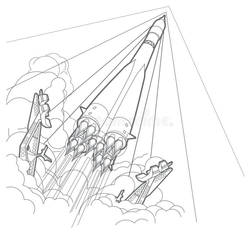 Rocket Start, with View of Space Station in the Background Stock ...