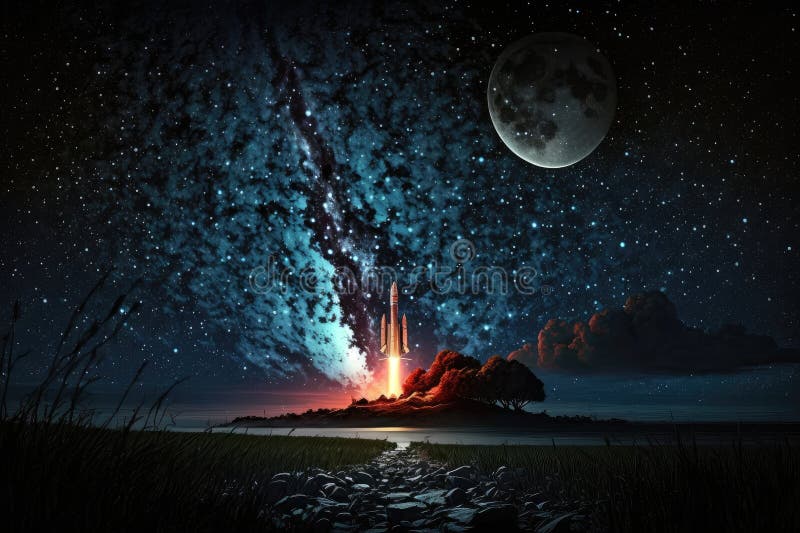 Rocket Start, with View of Distant Starry Night Sky Stock Illustration ...
