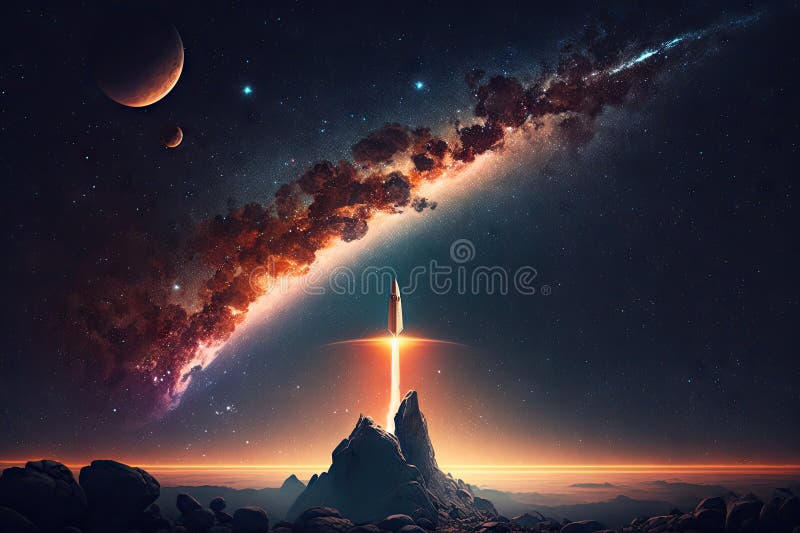 Rocket Start, with View of the Milky Way, Against Starry Night Sky ...
